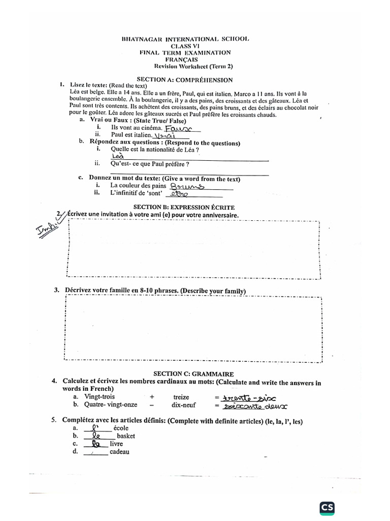 Class 6 - Final Exam - Revision Worksheet Bhatnagar International | PDF