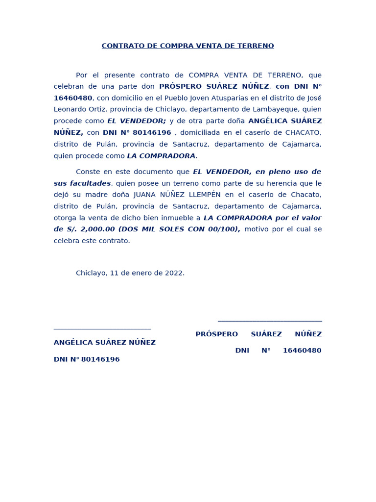 Contrato de Compra Venta de Terreno | PDF