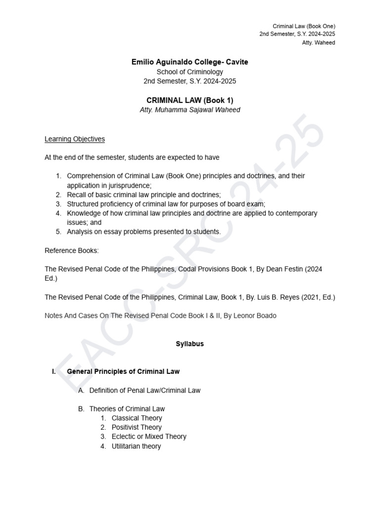 EAC SRC Criminal Law 1 Syllabus 2nd Sem S.Y 2024 2025 Ver. 2 Midterms | PDF | Criminal Law ...