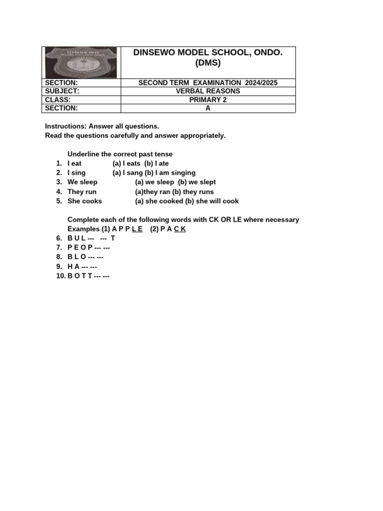 VERBAL REASONS PRY 2 | PDF