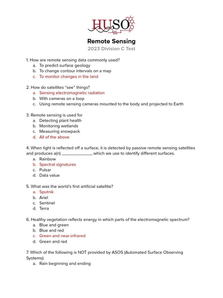 2023 Div C Remote Sensing Answer Key | PDF | Remote Sensing | Scattering
