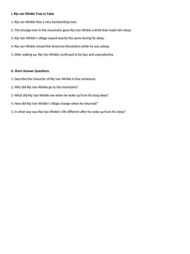 Rip Van Winkle Questions | PDF