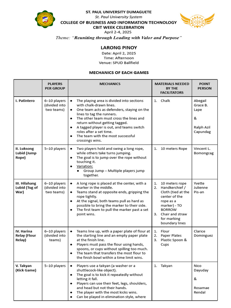 Larong Pinoy Game Mechanics Guide | PDF