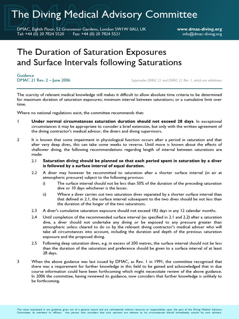DMAC21Rev.2 - The Duration of Saturation Exposures | PDF | Underwater ...
