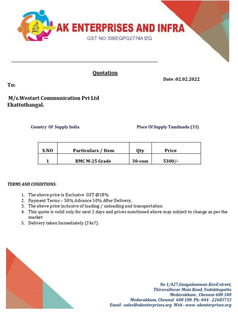 Quotation for RMC M-25 Grade Supply | PDF