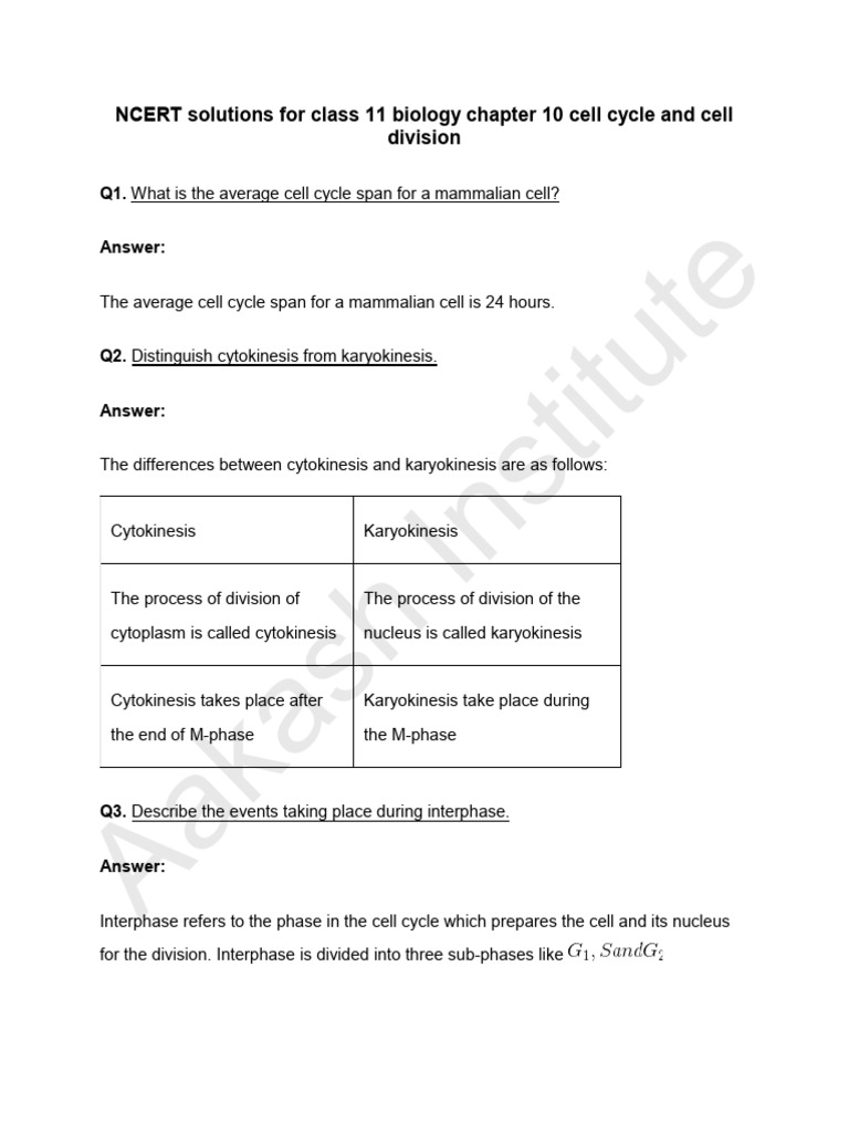 Ncert Solutions Class 11 Biology Chapter 10 Cell Cycle and Cell ...