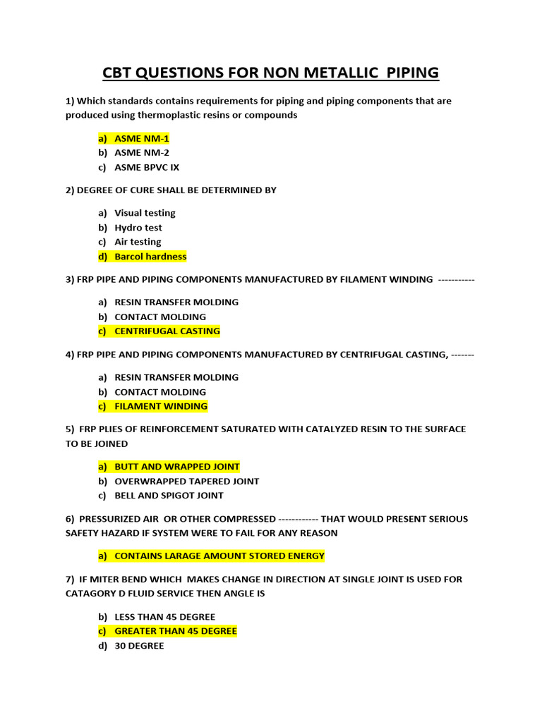 Non-Metallic Piping CBT Questions | PDF | Pipe (Fluid Conveyance ...