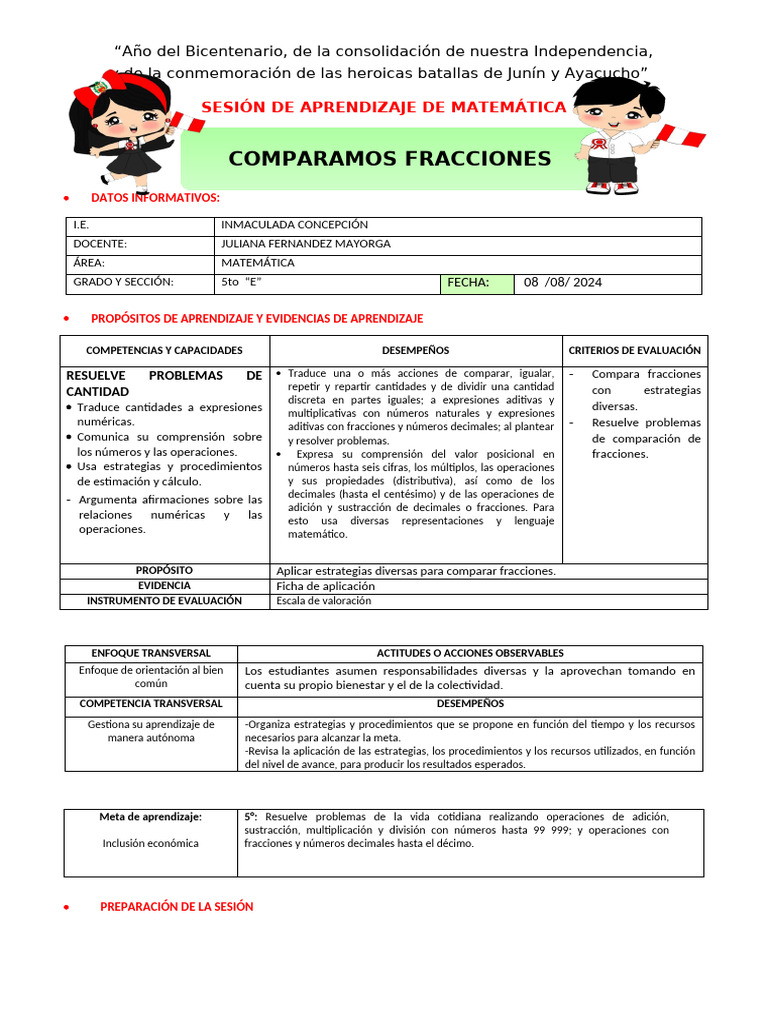 SESION MATEMATICA COMPARAMOS FRACCIONES | PDF | Aprendizaje | Números