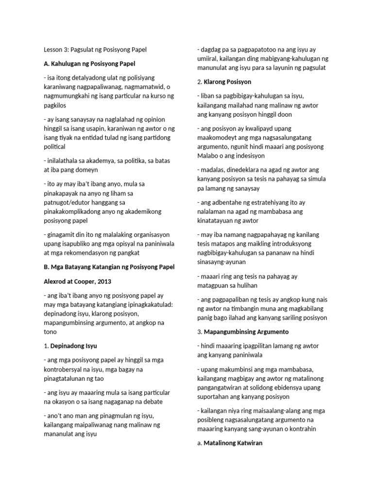 Lesson 3 - Pagsulat NG Posisyong Papel | PDF