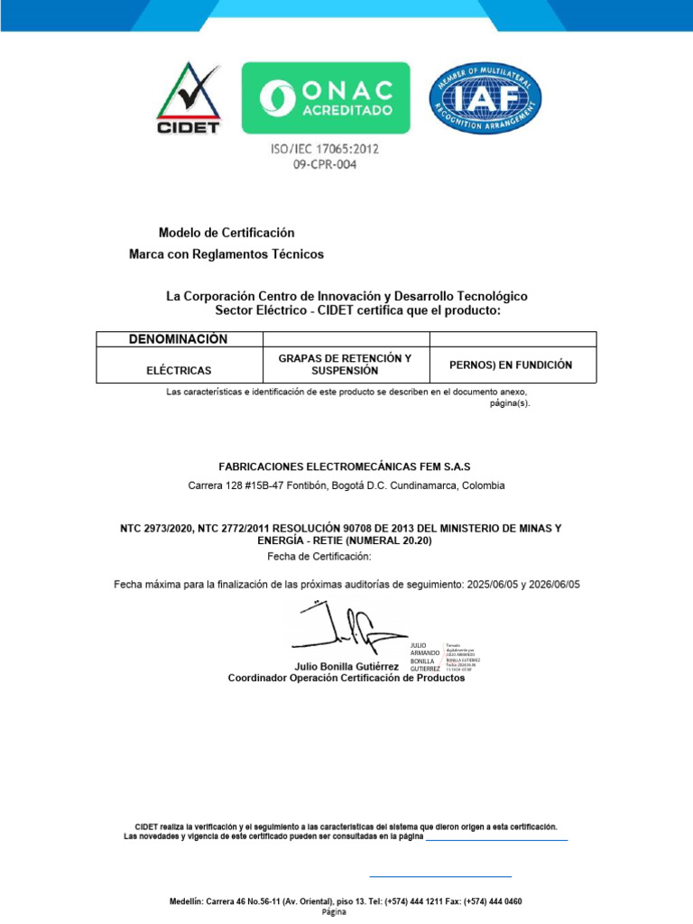 Certificado CIDET Grapas de Retencion y Suspension 08254 | PDF | Materiales | Rieles