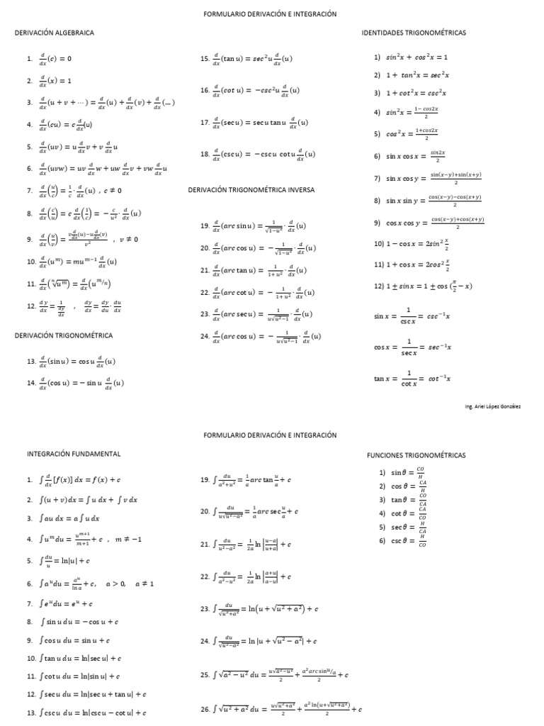 Formulario Derivación e Integración. Ing. Ariel l. g. | PDF