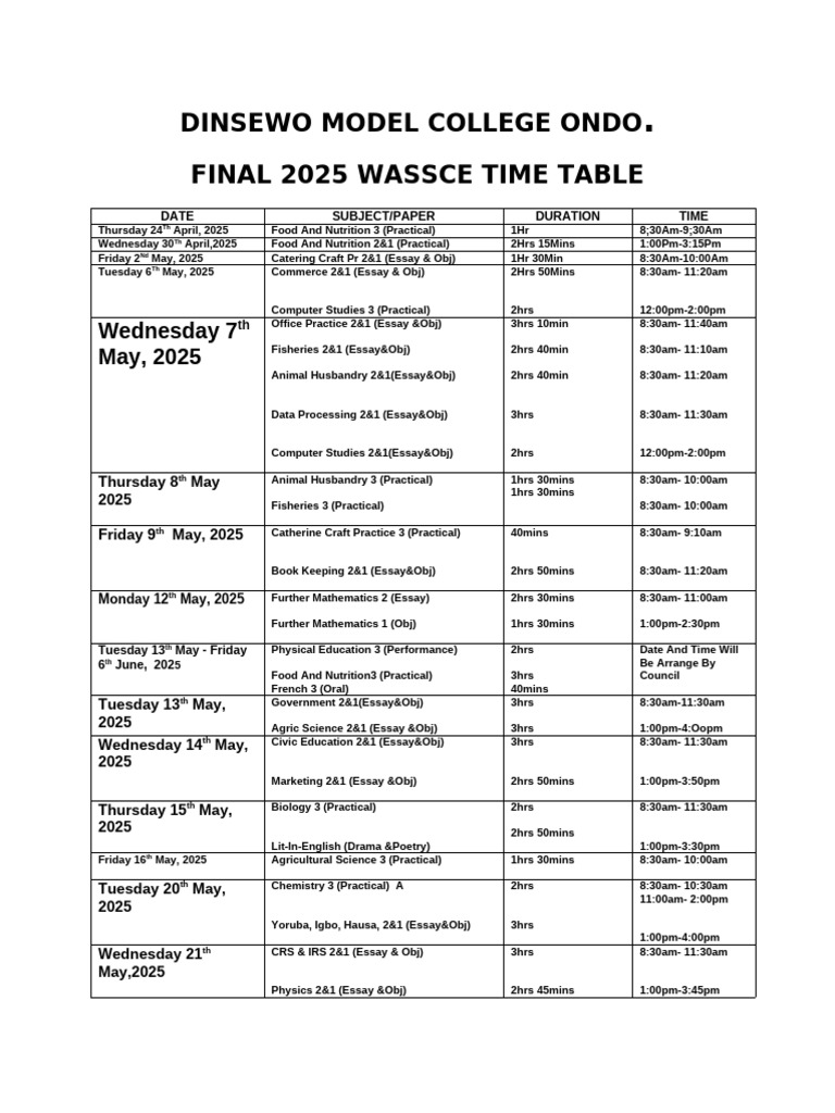 Final 2025 Wassce Time Table | PDF