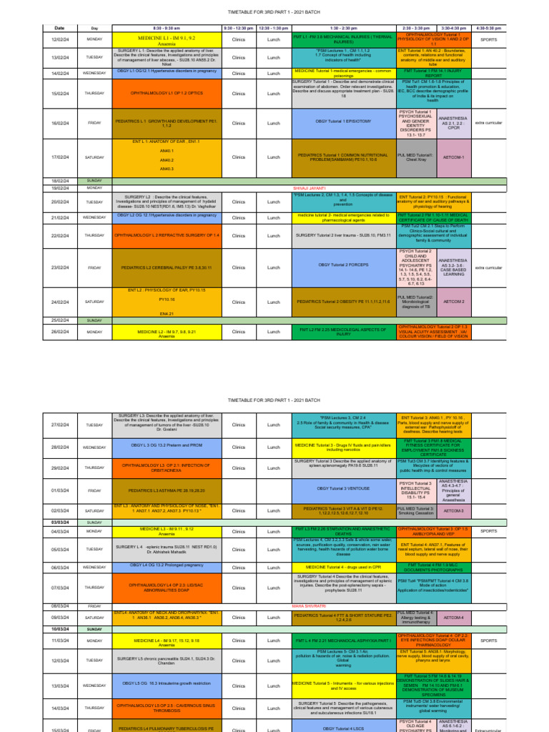 3rd Part 1 Lecture TimeTable 2024 - Sheet1 | PDF | Medicine | Surgery