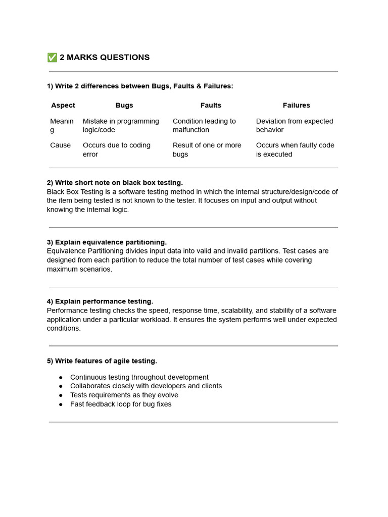 2 Marks Questions ST | PDF | Software Testing | Software Bug