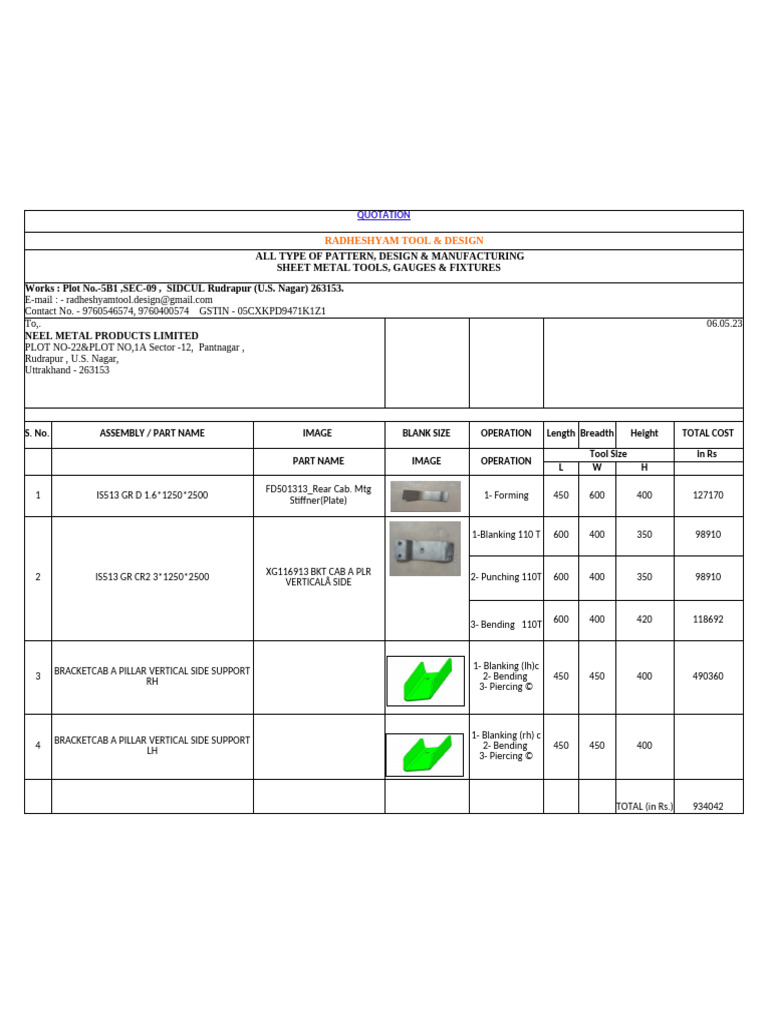 Detailed Quotation for Tool Manufacturing | PDF | Metalworking ...