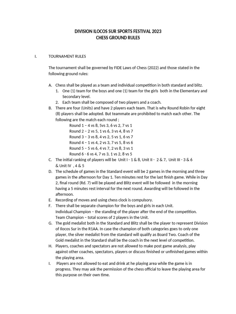 Division Sports Festival 2023 Chess Ground Rules 1 | PDF | Sports | Abstract Strategy Games