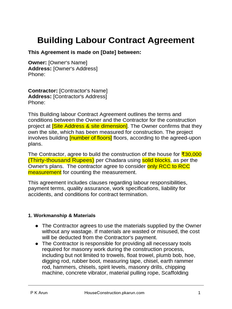 Building Labour Contract Agreement | PDF | Legal Liability