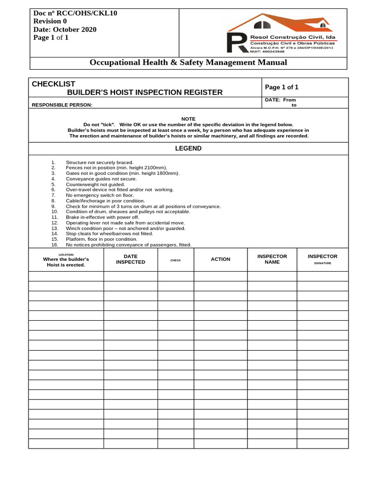 9.10 Builders Hoist Inspection Register | PDF