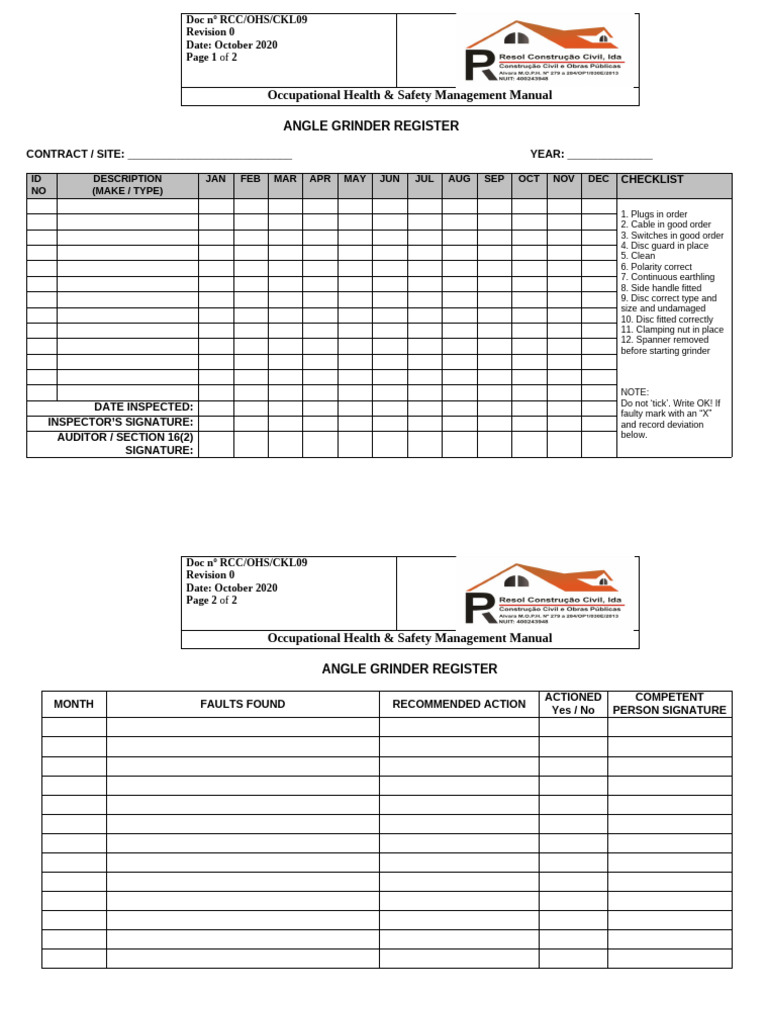 Angle Grinder Safety Inspection Register | PDF