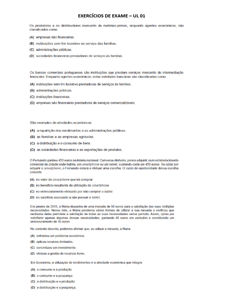 EXERCÍCIOS DE EXAME UL 01 | PDF