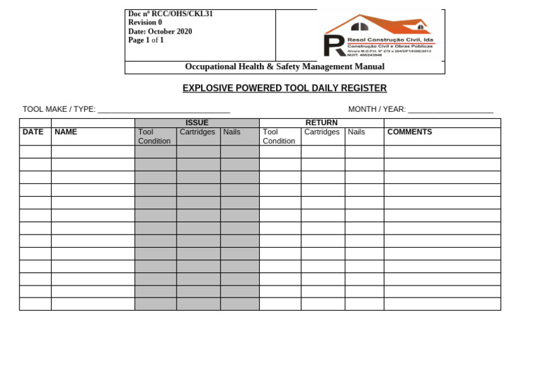 Explosive Tool Daily Register Template | PDF