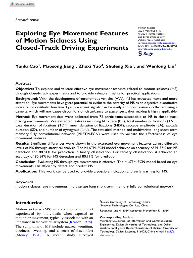 Eye Movement Analysis for Motion Sickness | PDF | Perception ...