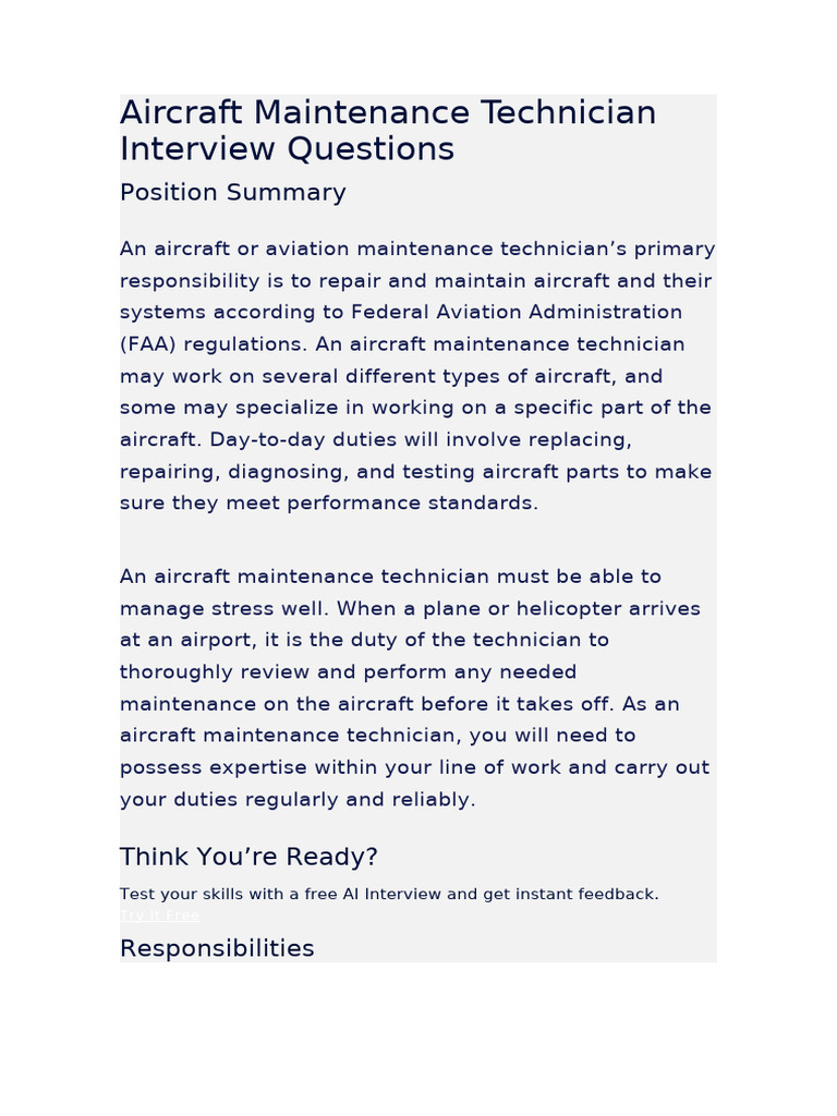 Aircraft Maintenance Technician Interview Questions | PDF | Aviation