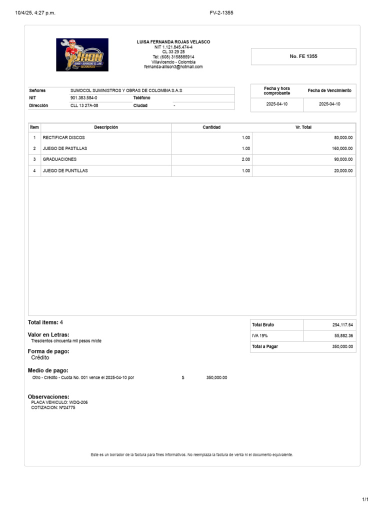Borrador de Factura de Servicios 2025 | PDF | Documentos empresariales