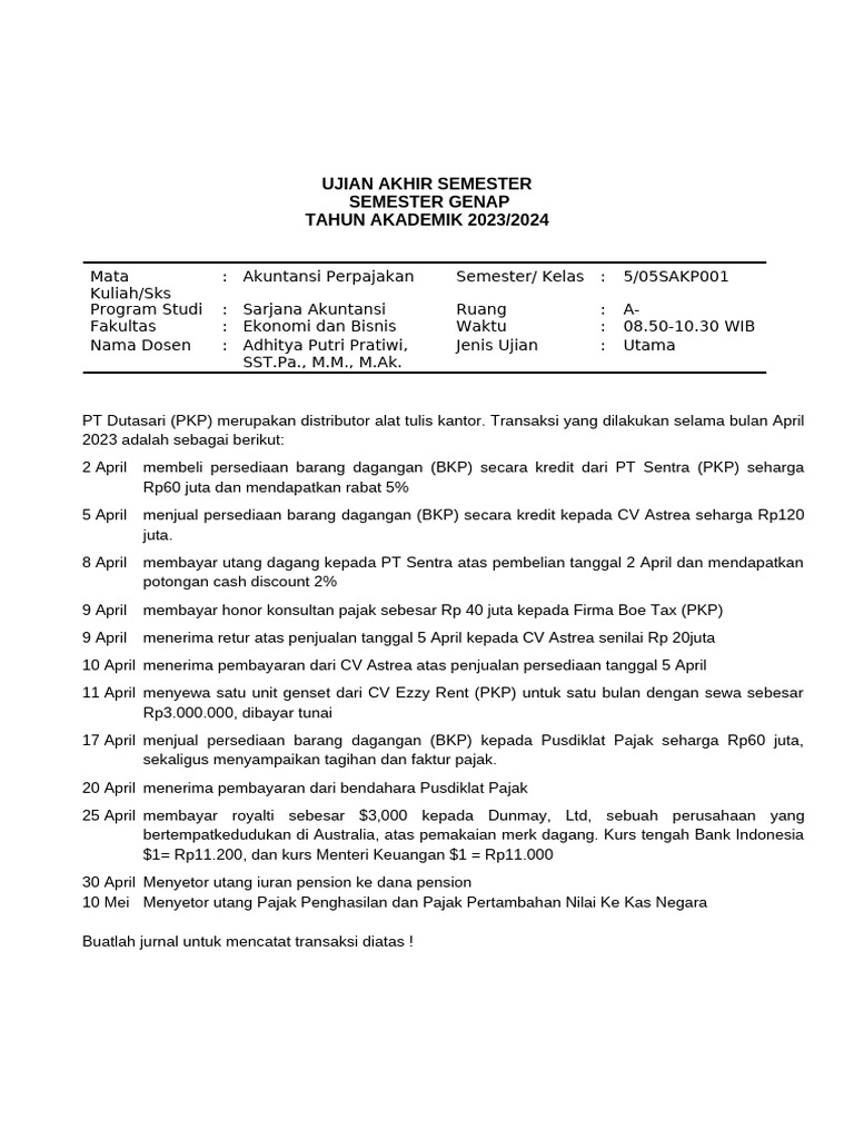 Soal Uas Akuntansi Perpajakan | PDF