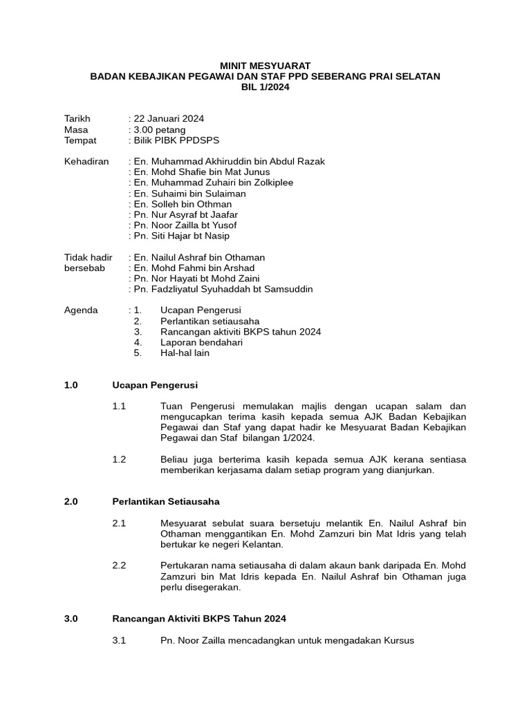 Minit Mesyuarat Bkps Bil 1 2024 | PDF