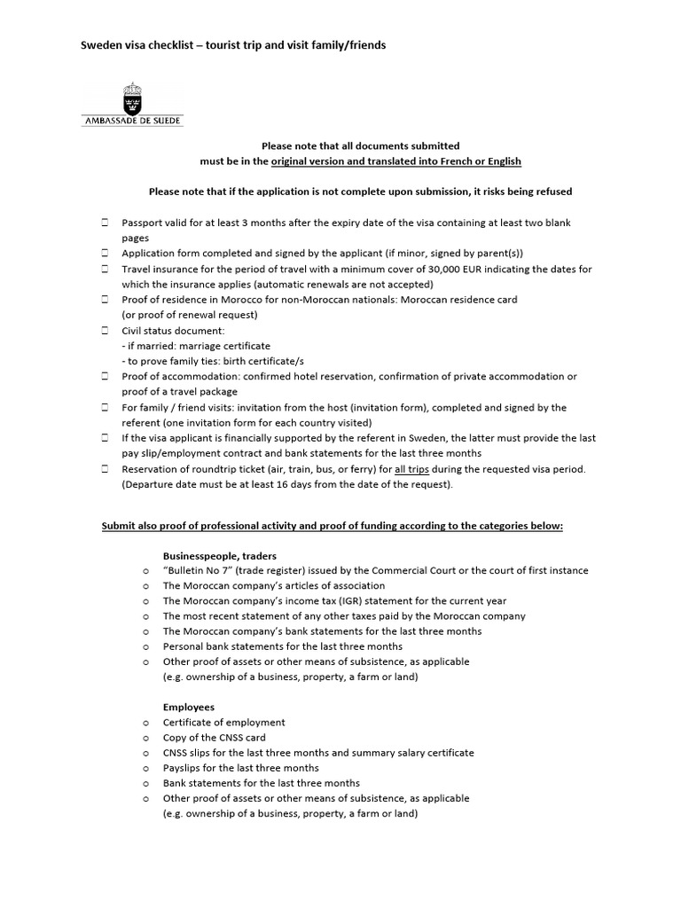 Sweden Family and Friends Visa Checklist | PDF | Travel Visa | Birth ...