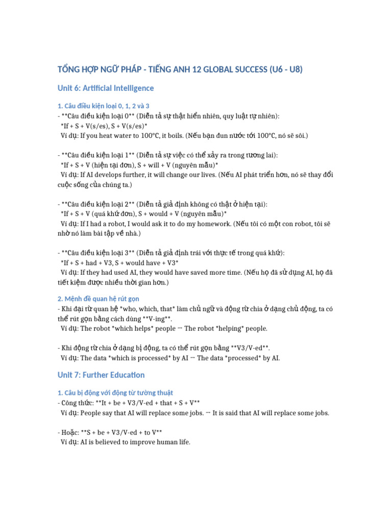 Ngu Phap Tieng Anh 12 Global Success U6 U8 v2 | PDF