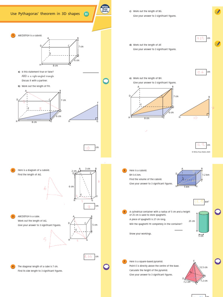 Y9 Spring Block 6 WO8 Use Pythagoras Theorem in 3D Shapes H 2020 | PDF ...