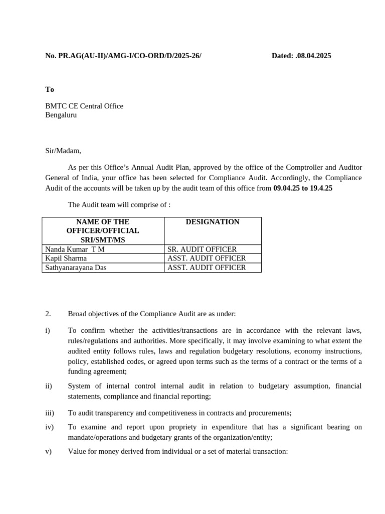 Ip-10 Audit Intimation BMTC Ce Blore | PDF | Audit | Business