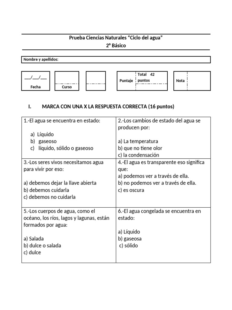 Prueba del Ciclo del Agua 2° Básico | PDF