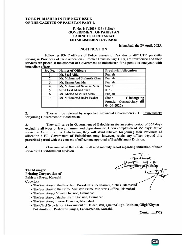 Transfer of PSP Officers of 48th CTP To Balochistan....... | PDF