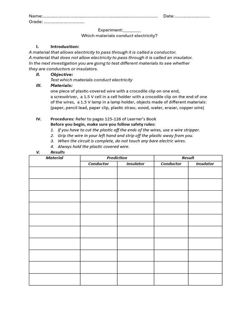 Experiment Grade 3: Conductors and Insulators | PDF | Electrical ...