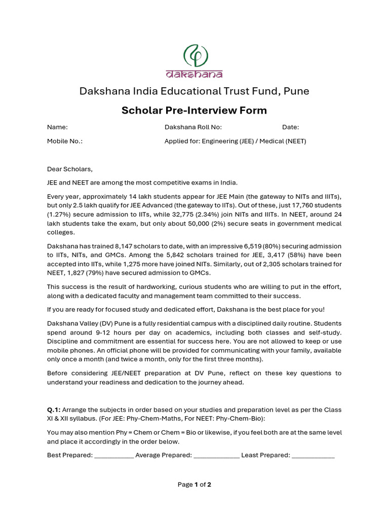 Scholar Pre-Interview Form | PDF | Educational Stages | Qualifications