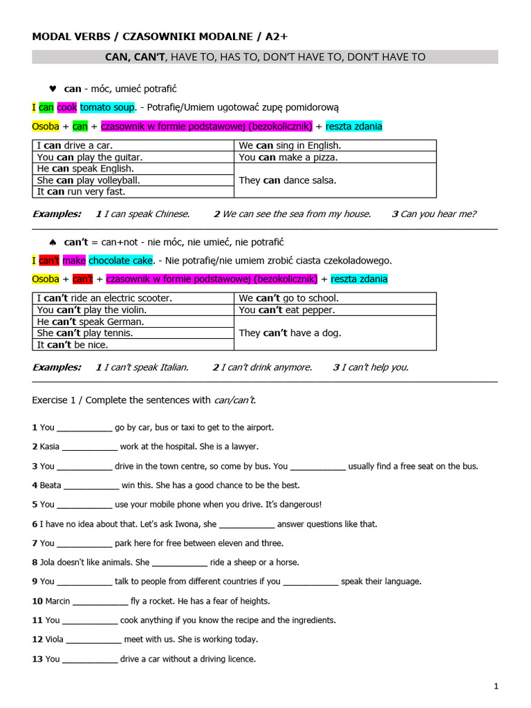 A2plus Modal Verbs - Can, Can - T, Have To, Don - T Have To | PDF