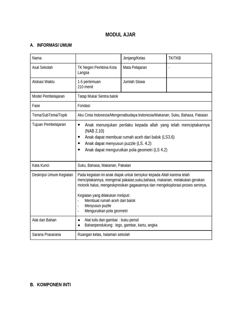 Minggu 6 (Balok) MODUL AJAR SALSA DILA Minggu Ke 1 | PDF