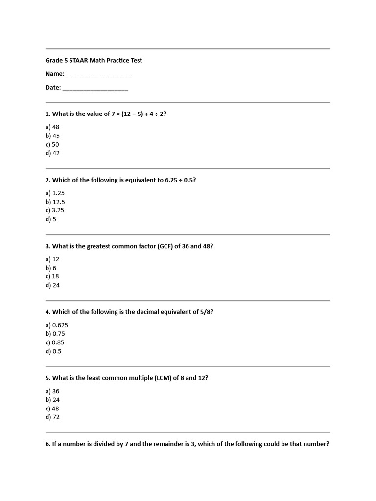 Grade 5 STAAR Math Practice Test | PDF | Mathematics