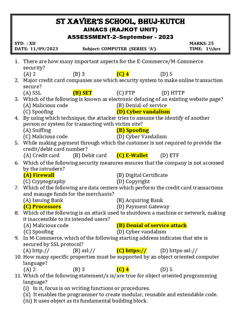 STD XII COMPUTER UT2 September 2023 (SERIES 'A') Answer Key-1 | PDF | Computer Security | Security