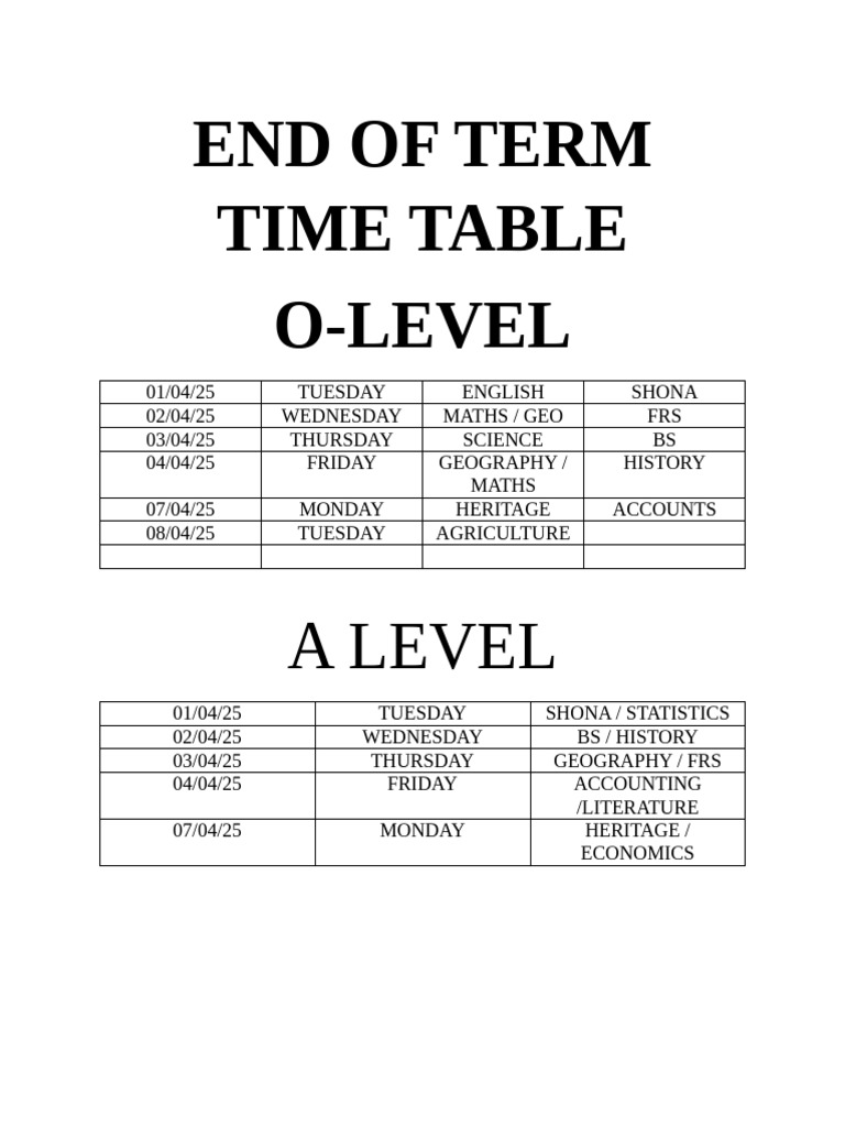 End of Term Time Table. 2025 | PDF