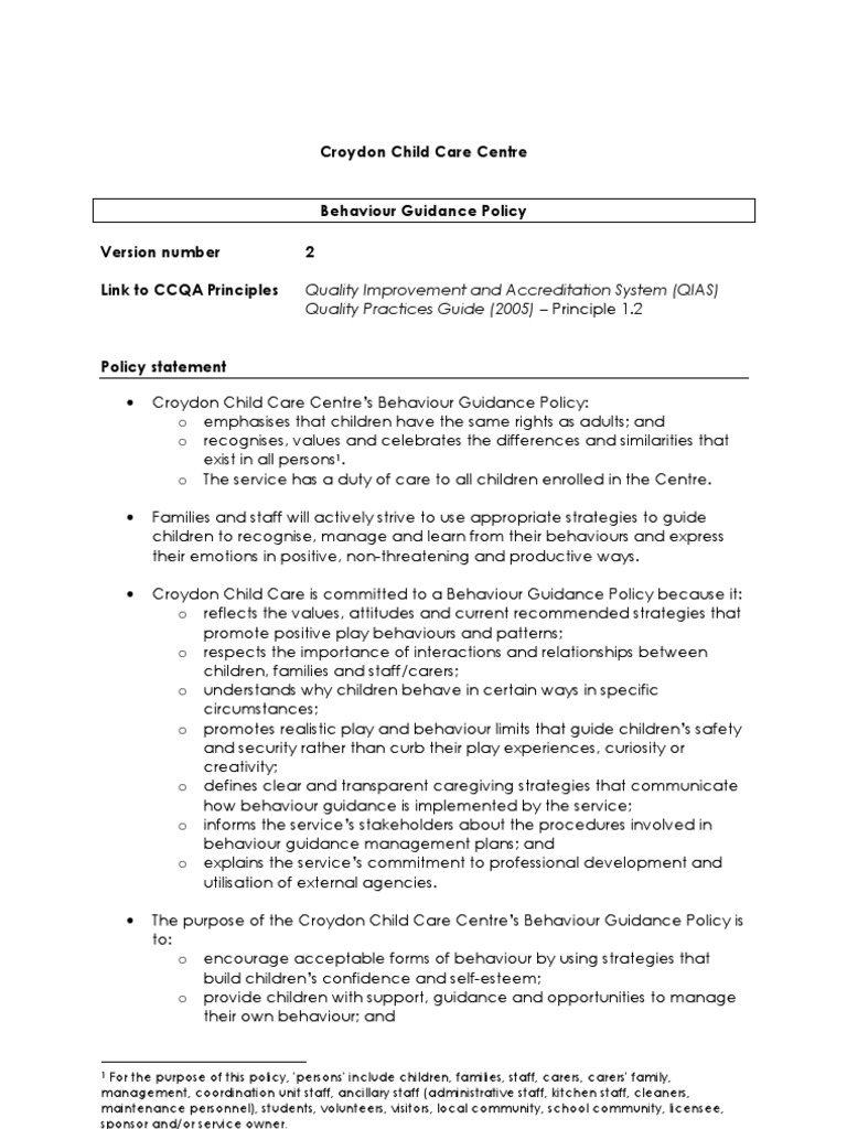 Childcare - Behaviour Guidance Policy | PDF | Caregiver | Day Care