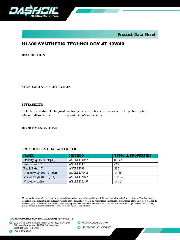 DashOil H1300 Product Data Sheet | PDF