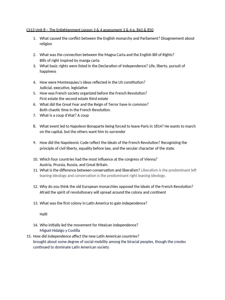 CS13 Unit 8 Â The Enlightenment Lesson 3 4 Assessment 3 4 P. 843 850 2 ...