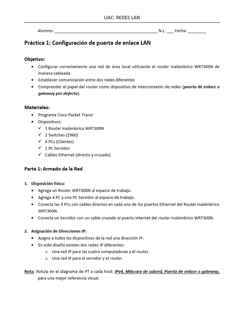 05 - Practica 1 - Configurar Gateway | PDF | Dirección IP | Enrutador (Computación)