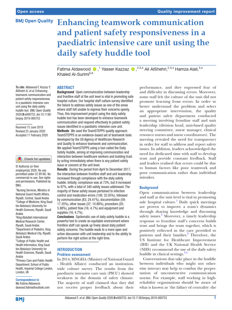 Enhancing Teamwork Communication and Patient Safety Responsiveness in A ...