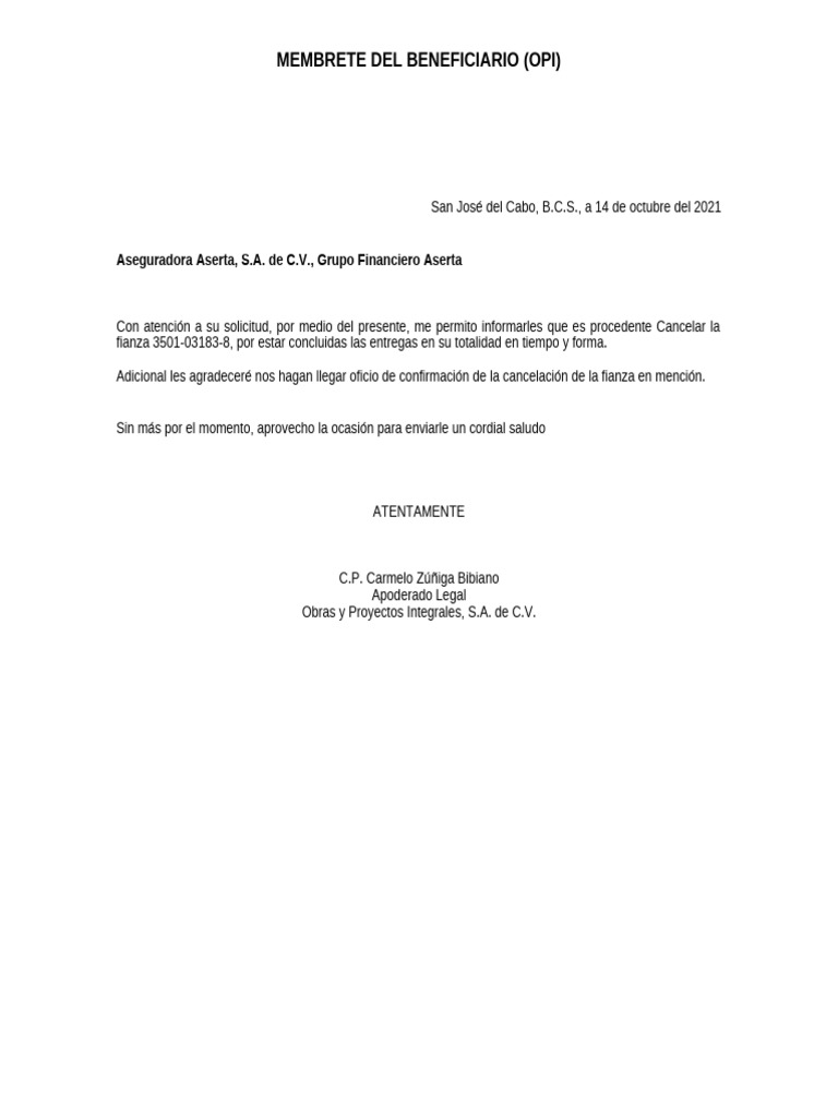 Modelo Carta Cancelacion Danpal-Ti - Opi | PDF