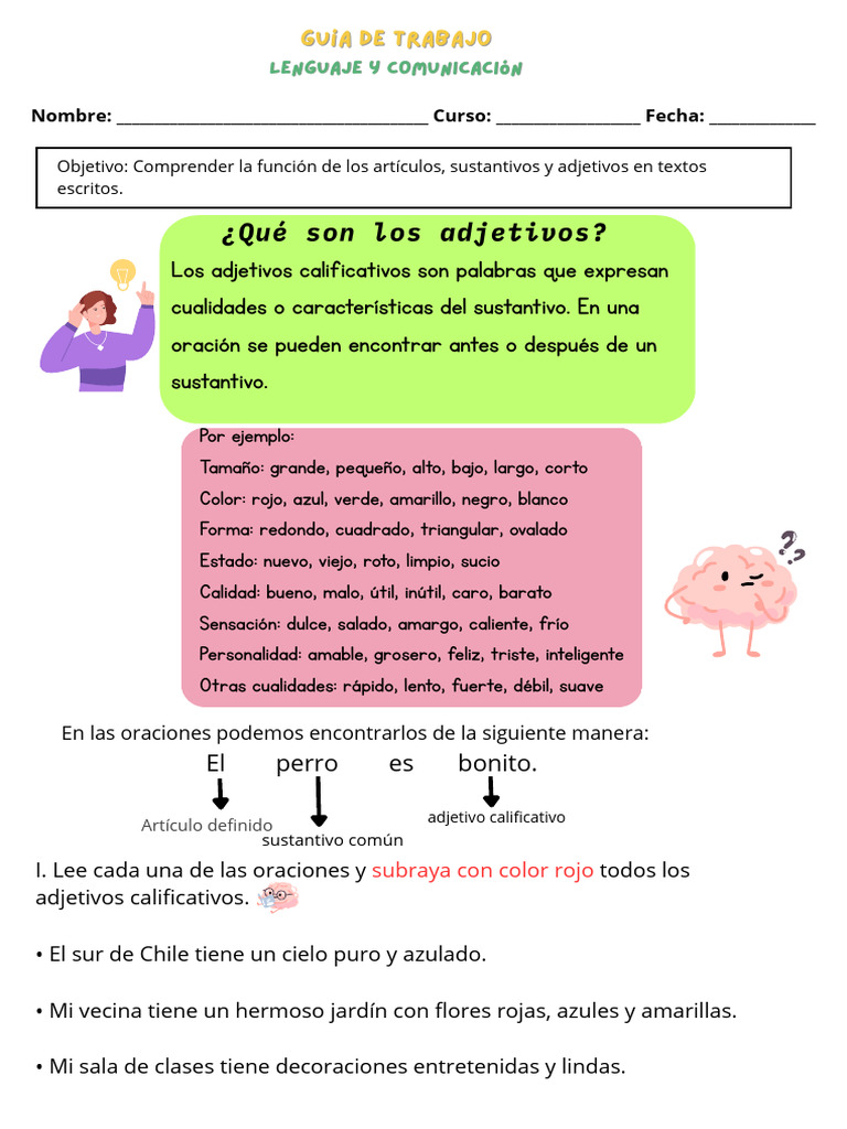 Guía de Trabajo Adjetivos 4° Básiso | PDF | Adjetivo